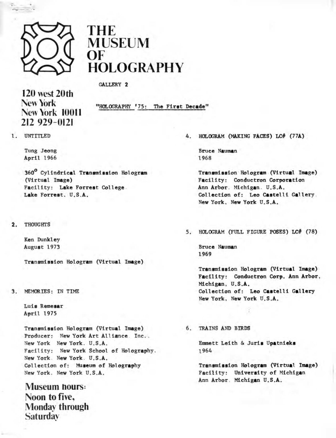 Holography ’75: The First Decade, exhibition list, 1975 – Hologram Research